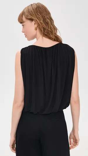 Vince Sleeveless Gathered Boatneck Top - Black