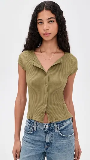 Free People Ribbed Button-down Cardigan - Green