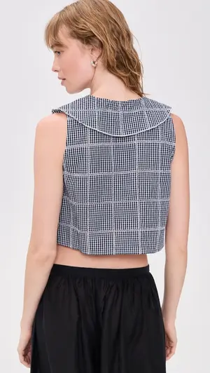 Free People Gingham Check Embroidered Eyelet Top - Navy Combo