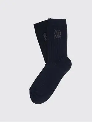 Brunello Cucinelli Ribbed Crew Socks With Logo - Black