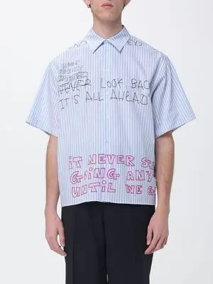 MSGM Striped Short-sleeve Cotton Shirt With Slogan Print And Cutaway Collar