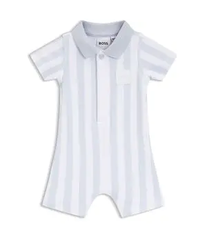 BOSS Striped Baby Romper With Polo Collar - Light Blue