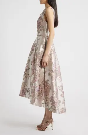 TAHARI ASL Metallic Jacquard High-low Midi Dress