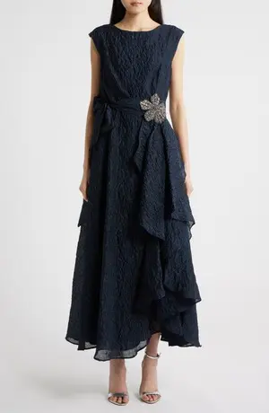 TAHARI ASL Beaded Flower Crinkled Taffeta Maxi Dress