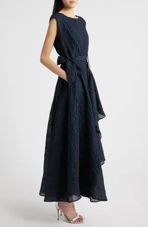 TAHARI ASL Beaded Flower Crinkled Taffeta Maxi Dress