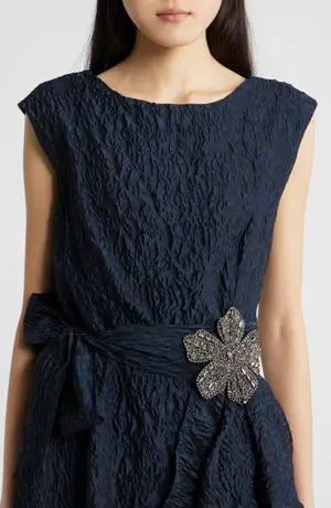 TAHARI ASL Beaded Flower Crinkled Taffeta Maxi Dress