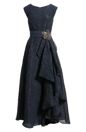 TAHARI ASL Beaded Flower Crinkled Taffeta Maxi Dress