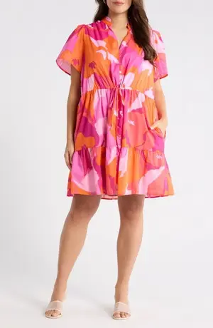 SUGARLIPS Floral Button-up Mini Dress - Orange-pink-multi