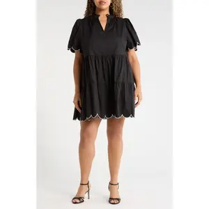 SUGARLIPS Kyra Poplin Tiered Scallop Mini Dress - Black