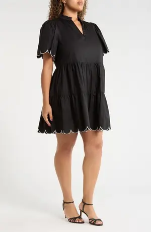 SUGARLIPS Kyra Poplin Tiered Scallop Mini Dress - Black
