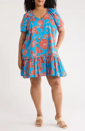 SUGARLIPS Ripon Floral Seruma Drop Waist Shift Dress - Blue-red-multi