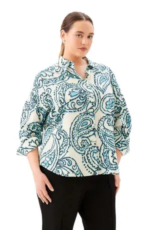 Karen Kane Ruched Sleeve Cotton Button-up Shirt