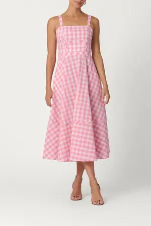 Shoshanna Gingham Kaydence Midi Dress - Peony/optic