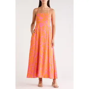 SUGARLIPS Floral Smocked Maxi Dress - Fuchsia-orange