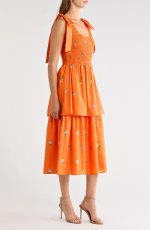 SUGARLIPS Kasia Sleeveless Smocked Midi Dress - Orange-multi