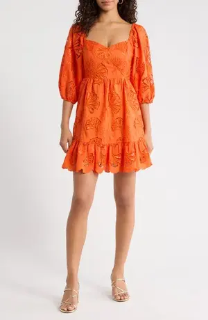 SUGARLIPS Sequin Eyelet Babydoll Dress - Orange