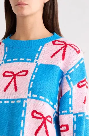 SUGARLIPS Oversized Sweater With Bow And Check Pattern