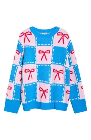 SUGARLIPS Oversized Sweater With Bow And Check Pattern