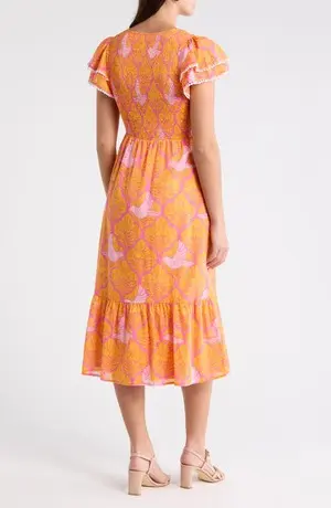 SUGARLIPS Kaidy Tropical Print Midi Dress - Orange-pinks-multi