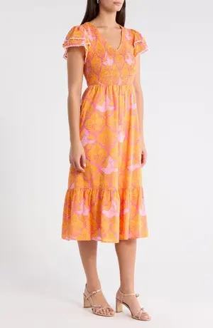 SUGARLIPS Kaidy Tropical Print Midi Dress - Orange-pinks-multi