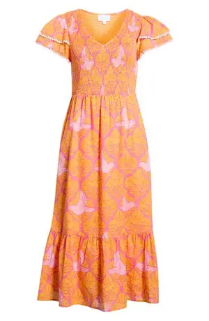 SUGARLIPS Kaidy Tropical Print Midi Dress - Orange-pinks-multi