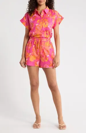 SUGARLIPS Floral Print Cotton Romper - Fuchsia-orange-multi