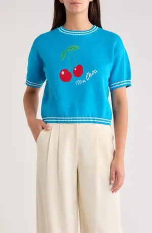 SUGARLIPS Cherry Short Sleeve Sweater - Blue