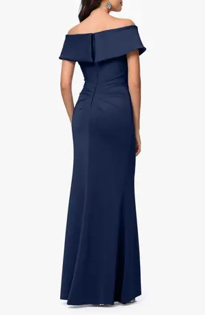 XSCAPE EVENINGS Long Ruched Scuba Gown - Midnight