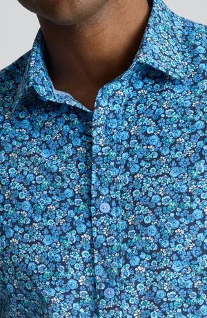 UNTUCKIT Zamora Floral Short Sleeve Performance Button-up Shirt - Blue