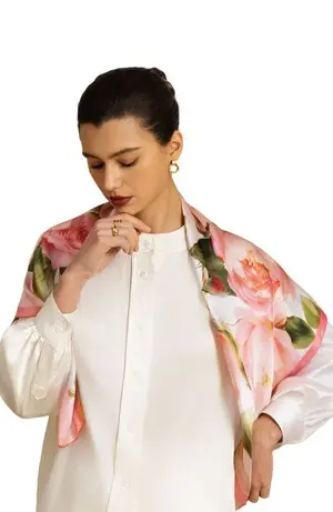 SILKSILKY Pure Silk Pink Floral Print Square Scarf - Multi