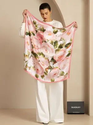 SILKSILKY Pure Silk Pink Floral Print Square Scarf - Multi