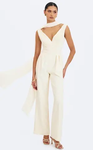 MISS CIRCLE Ruched V-neck Jumpsuit With Scarf - Ivory