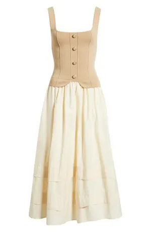 Moon River Mixed Media Midi Dress - Khaki