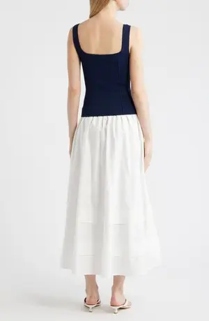 Moon River Mixed Media Midi Dress - Navy