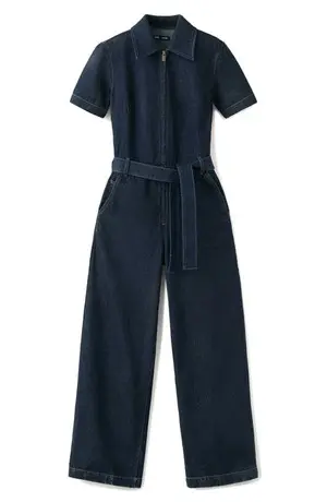 Mango Belted Denim Jumpsuit - Open Blue