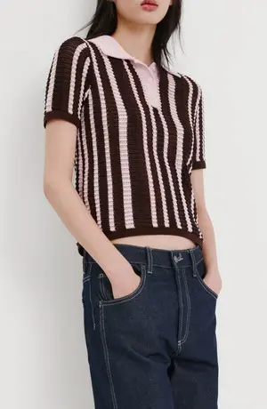 Mango Striped Short Sleeve Polo Sweater - Chocolate