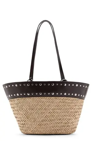 Mango Studded Raffia Shopper Bag