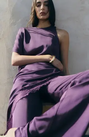 Mango Lace Trim Asymmetric Satin Top