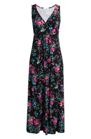 Loveappella Floral Sleeveless Jersey Maxi Dress - Black/fuchsia