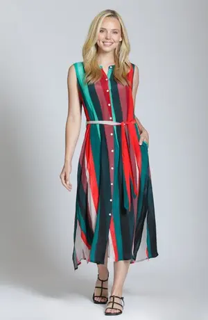 APNY Stripe Belted Midi Shirt Dress - Red Multi
