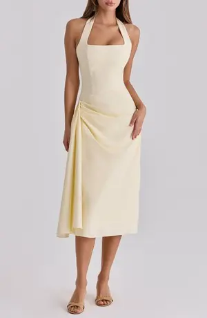 House Of Cb Halter Neck Stretch Cotton Midi Dress - Lemon