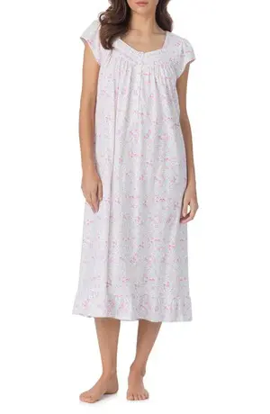 Eileen West Cap Sleeve Cotton Jersey Nightgown - White Multi