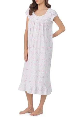 Eileen West Cap Sleeve Cotton Jersey Nightgown - White Multi