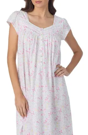 Eileen West Cap Sleeve Cotton Jersey Nightgown - White Multi