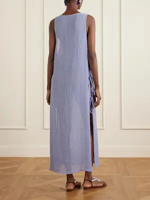 Le Kasha Jarajug Organic Linen Midi Dress With Side Ties - Blue