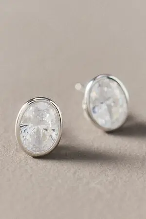 Shashi Oval Bezel Crystal Post Earrings - Silver