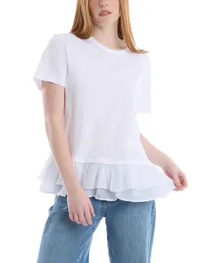 Wilt Short Sleeve Mixed Media Tee With Ruffled Hem - White