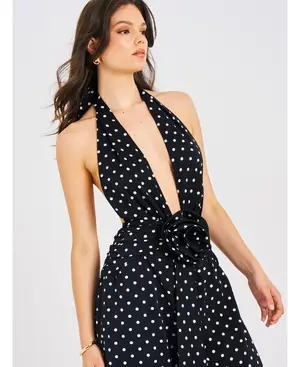 MISS CIRCLE NEW YORK Oriana Polka Dot Halter Jumpsuit