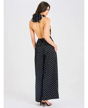 MISS CIRCLE NEW YORK Oriana Polka Dot Halter Jumpsuit