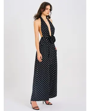 MISS CIRCLE NEW YORK Oriana Polka Dot Halter Jumpsuit